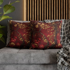 Crimson Red Asian Pillow, Golden Floral Design, Luxury Home Decor ...