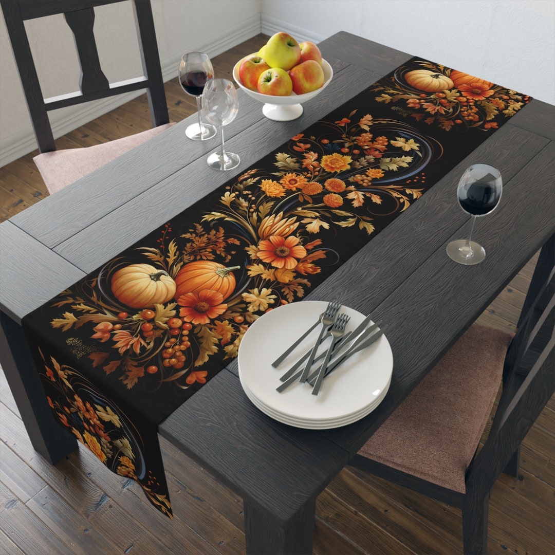 Thanksgiving Table Runner Classic Autumnal Beauty Golden Pumpkins & Floral Harmony, Essential ...