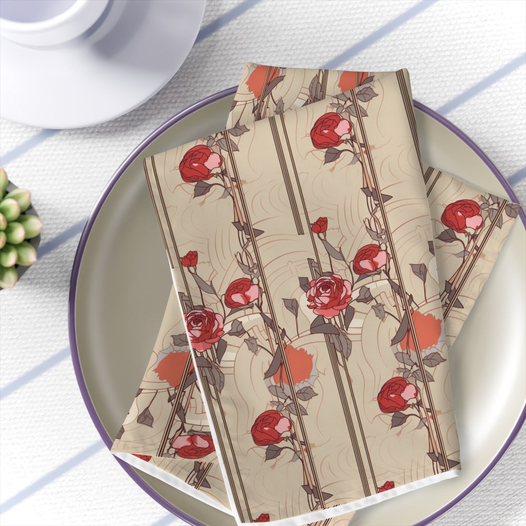 Romantic Red Roses Napkin Set, Champagne Pink Floral Design, Perfect ...