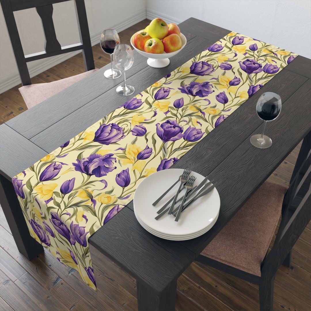 Violet Tulips Table Runner Pale Yellow Floral Decor, Elegant Floral Design Accent, Purple and ...
