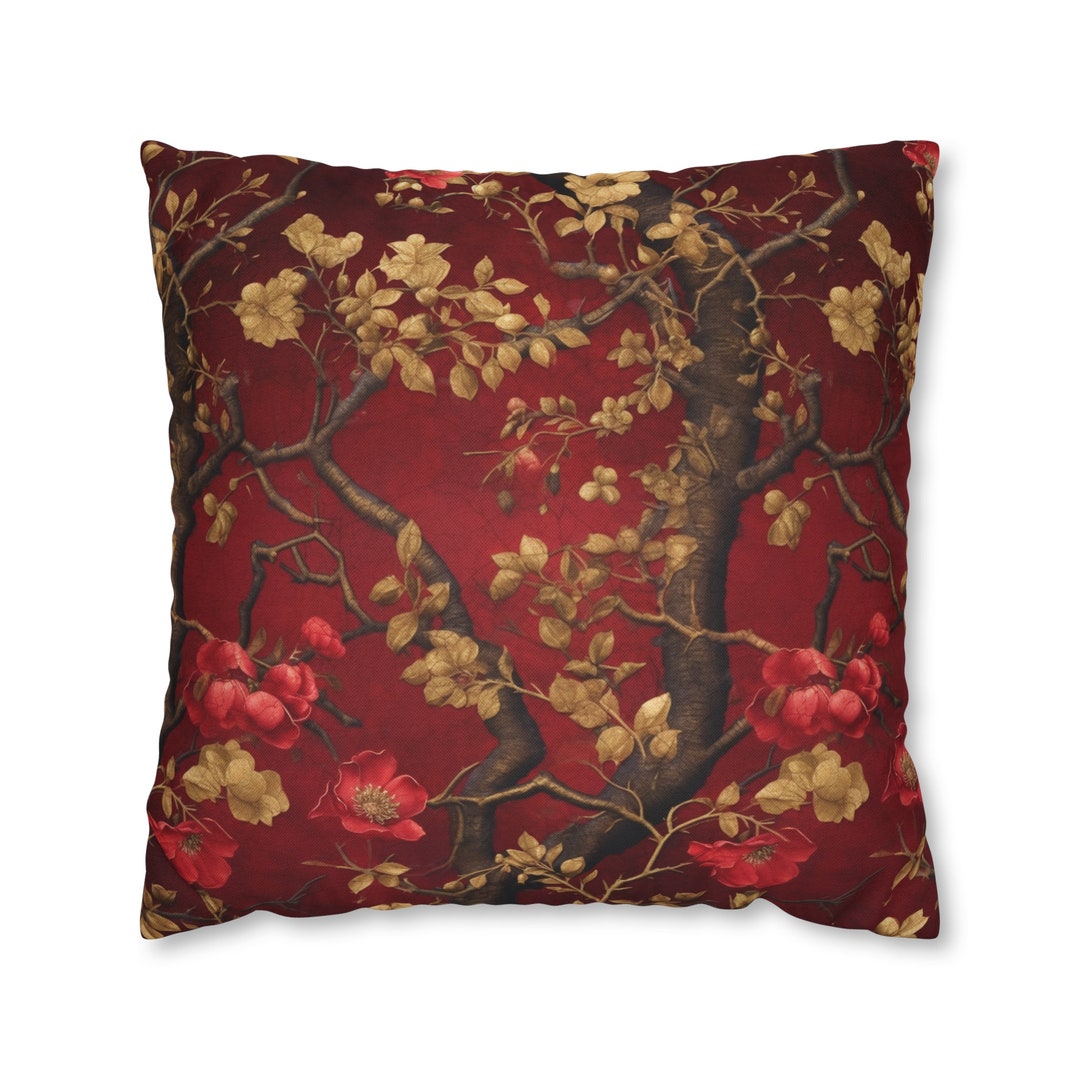 Crimson Red Asian Pillow, Golden Floral Design, Luxury Home Decor ...