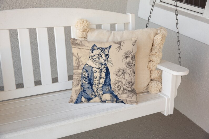 Charmant Chat Toile Cushion | Vintage Feline Elegance | Blue & Cream ...