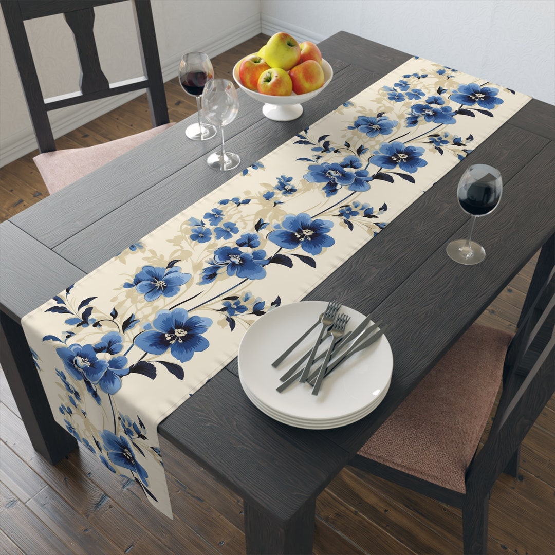 Cream Floral Table Runner, Blue Violets Design, Whimsical Floral Design ...