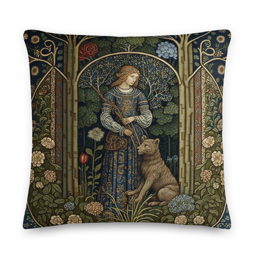 William Morris Inspired Girl With a Bear Cub in a Forest Pillow ...
