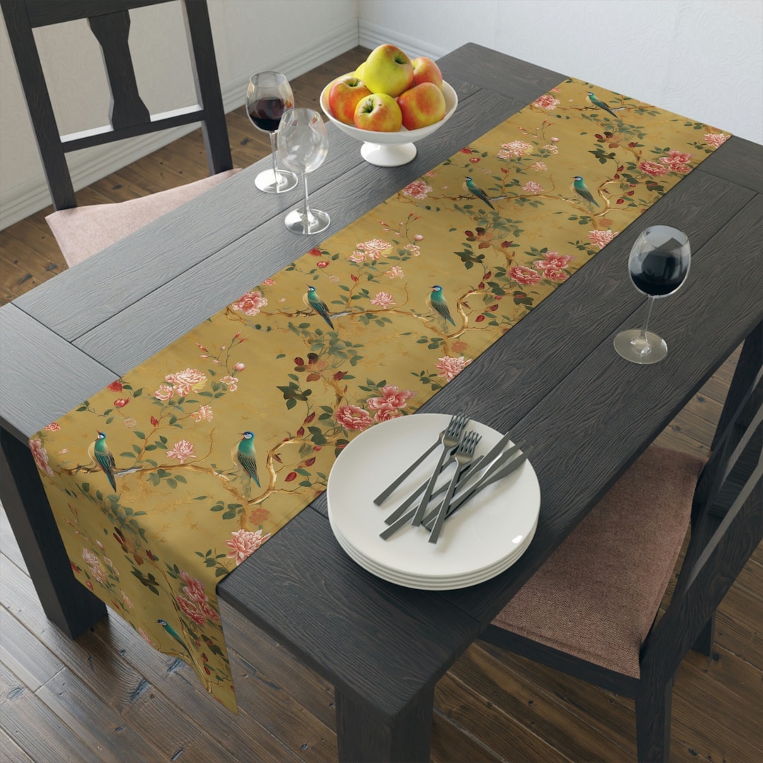 Gold Leaf Gilded Blue Bird Table Runner, Asian-inspired Bloom, 72"/90 ...