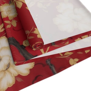 Crimson Asian Table Runner, Yellow and White Floral Design, Luxury ...