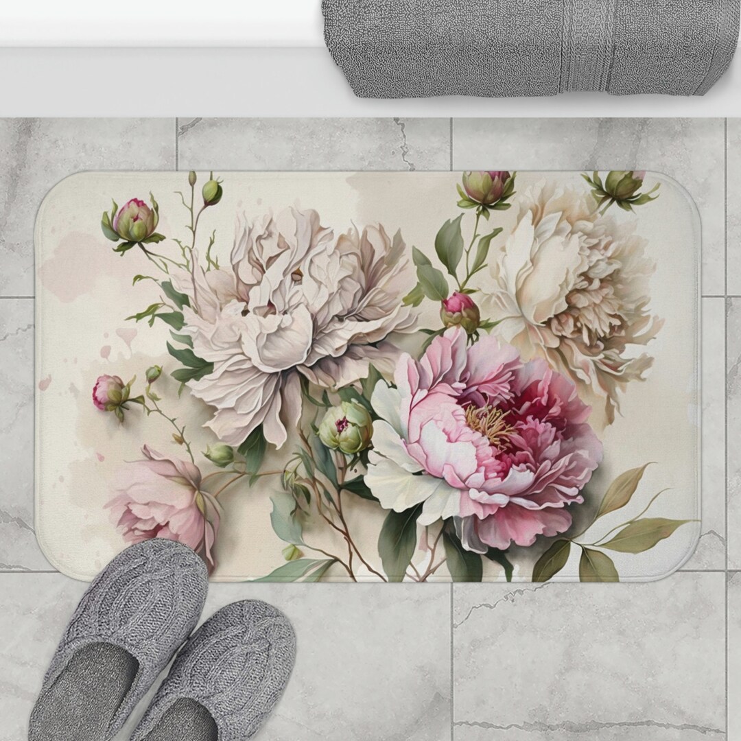 Designer Floral Bath Mat | Vivid Pink and White Watercolor Peonies ...