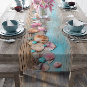 Beach Themed Table Runner, Blue, Pink, and Brown Seashells Design, Teal ...