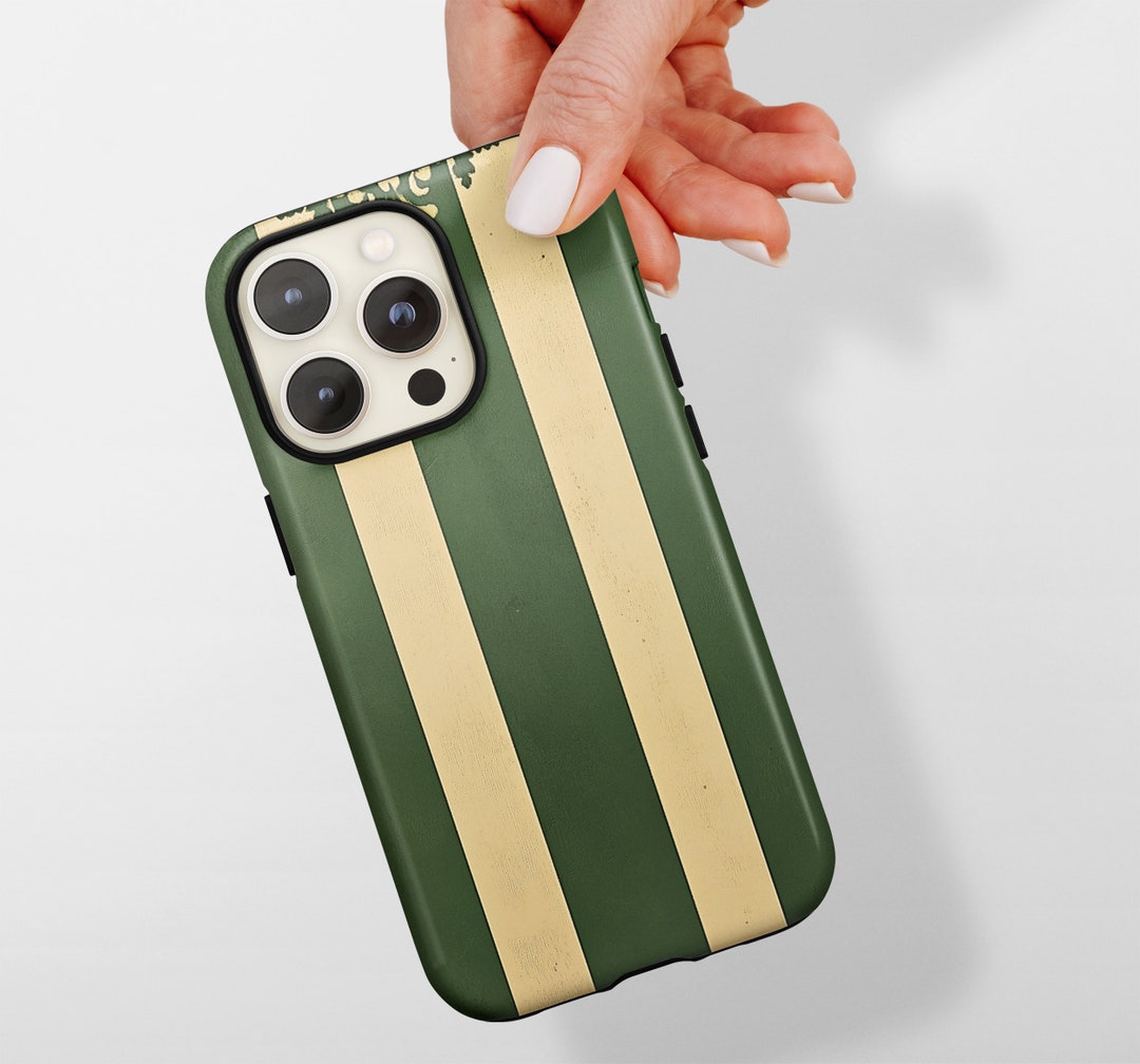 Elegant Vintage Stripes Green and Beige Phone Case | iPhone 15 14 13 12 ...
