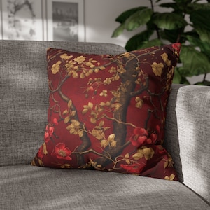 Crimson Red Asian Pillow, Golden Floral Design, Luxury Home Decor ...