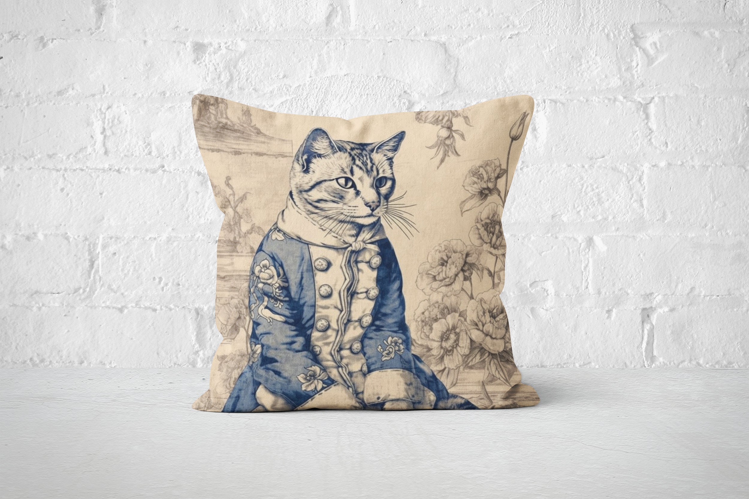Charmant Chat Toile Cushion | Vintage Feline Elegance | Blue & Cream ...