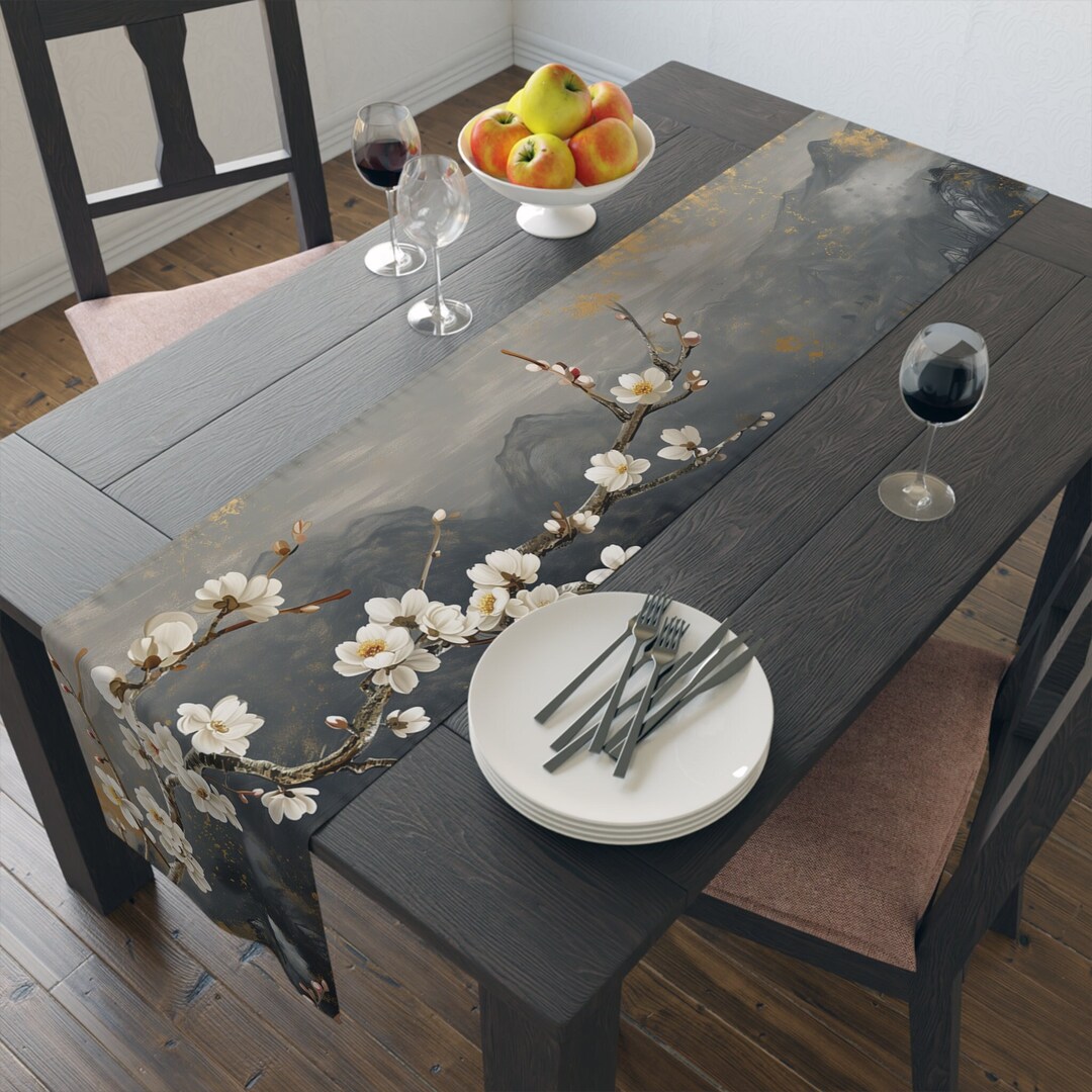 Stormy Elegance Cherry Blossom Table Runner, Slate & Pearl, Modern Minimalist Decor, Chic ...