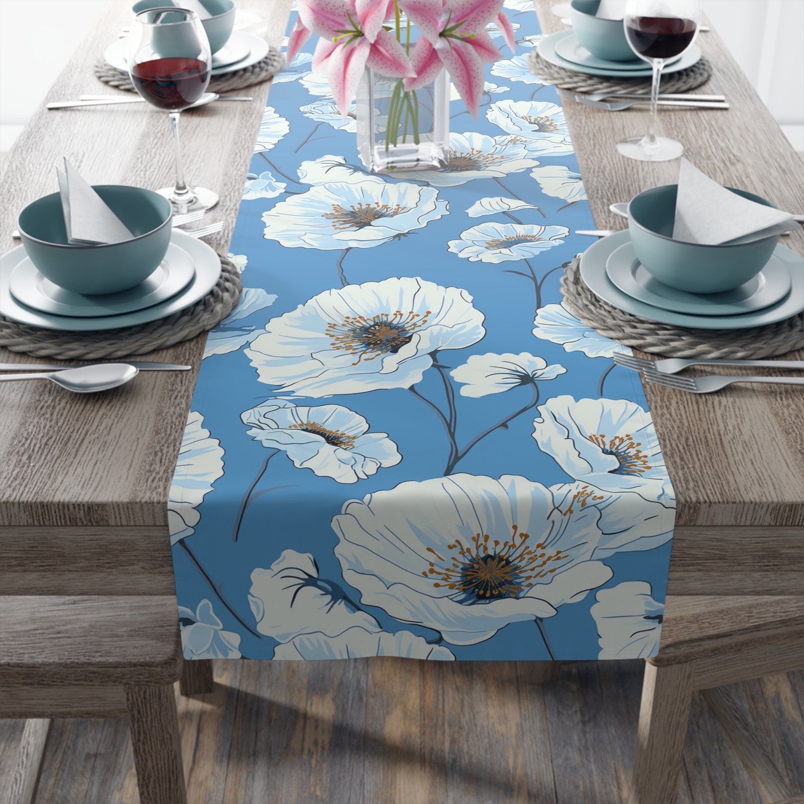 Sky Blue and White Poppies Floral Table Runner, Luxurious Decor Accent ...