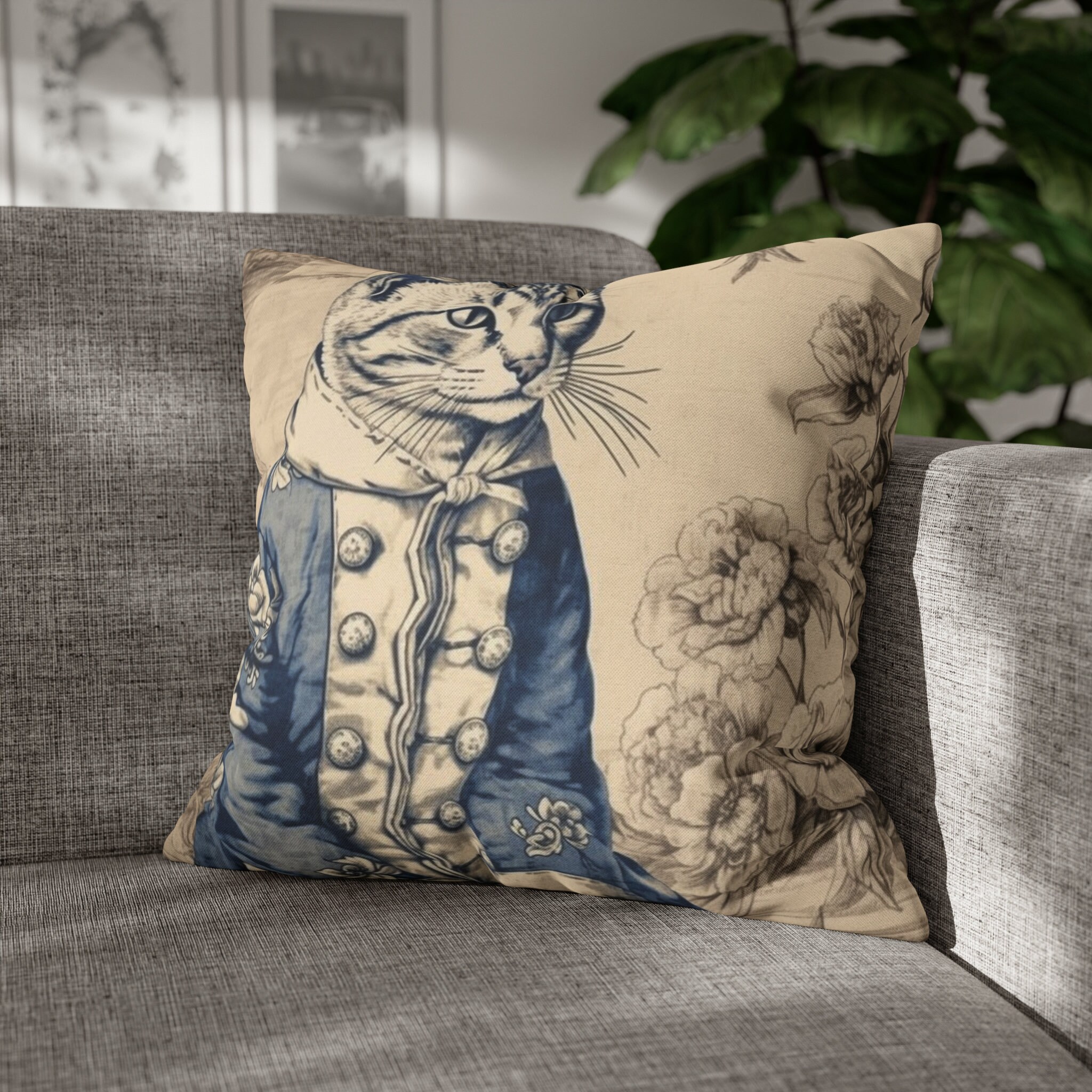 Toile Cat Pillow Cover, French Blue Cat Design on Neutral Beige ...