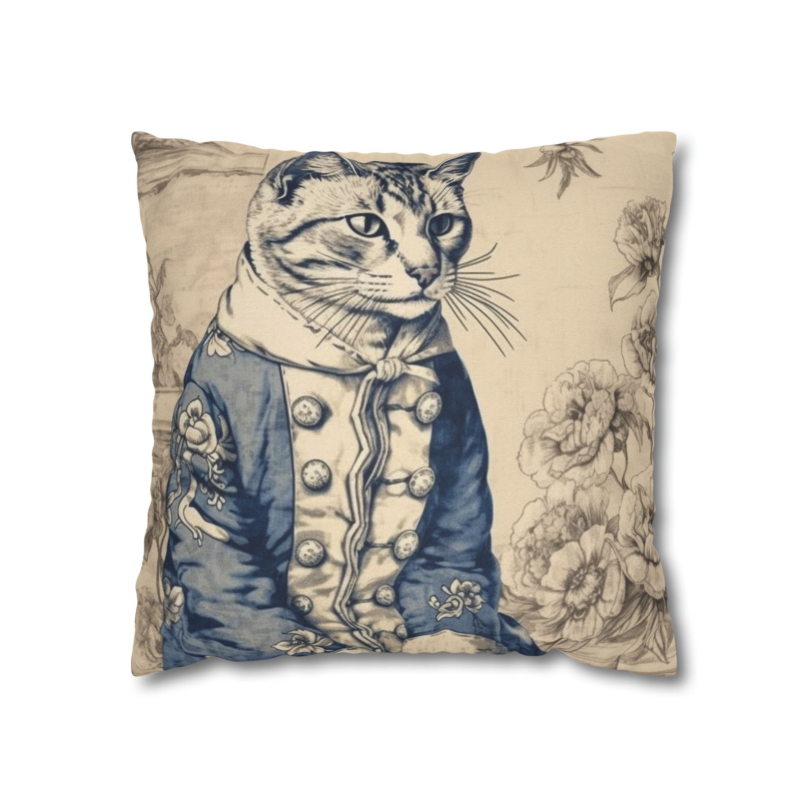 Toile Cat Pillow Cover, French Blue Cat Design on Neutral Beige ...