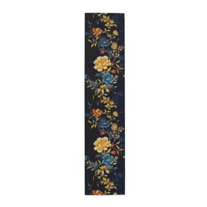 Floral Table Runner, Vibrant Blue, Yellow and Red Design, Elegant Black ...