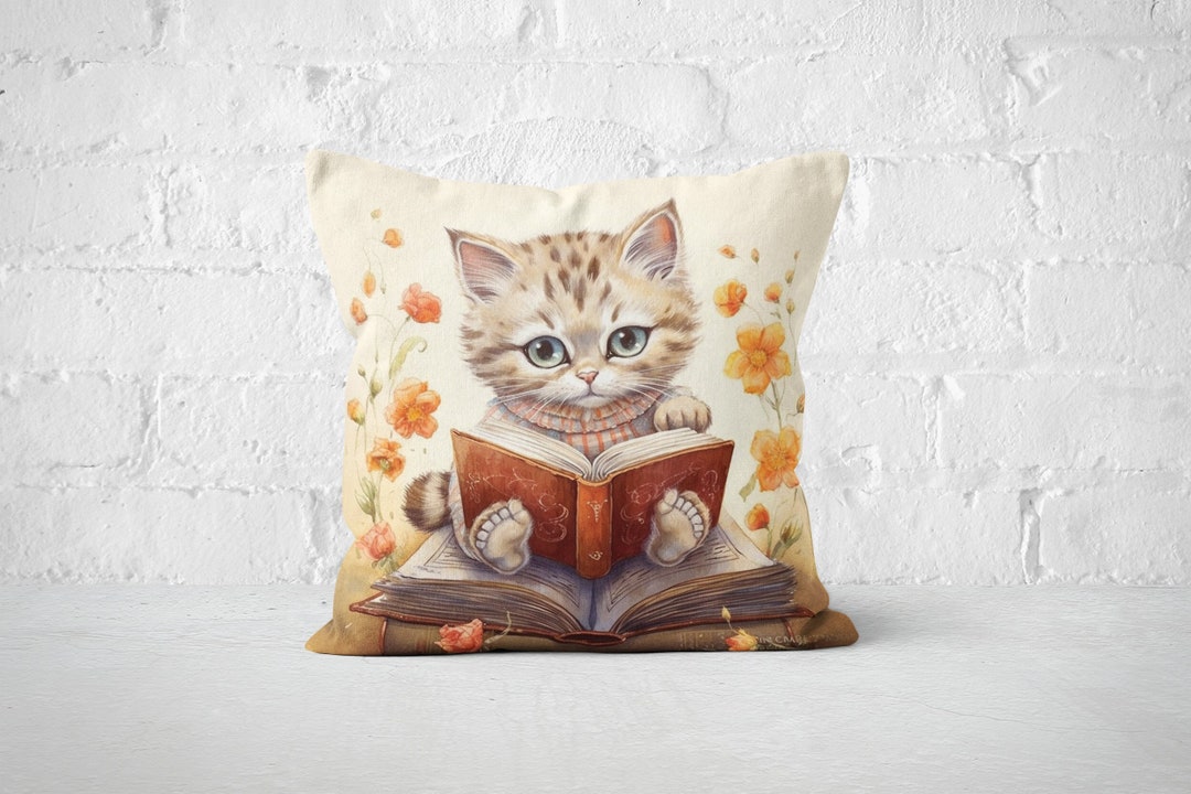 Storytime Kitten Pillow, Baby Gift, Whimsical Cat Nursery Decor, Kitten ...
