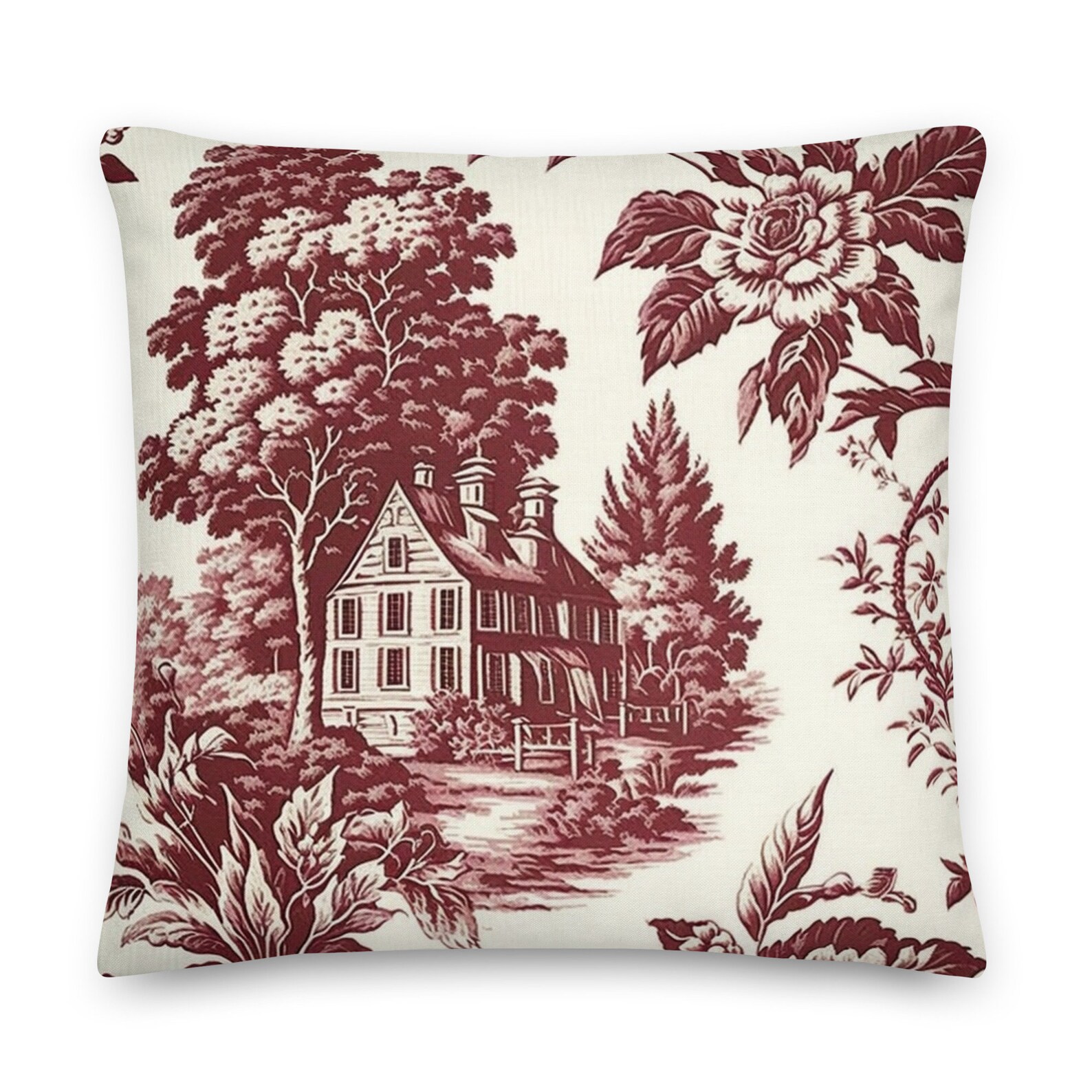 French Toile Throw Pillow | Burgundy Red and White Country French ...