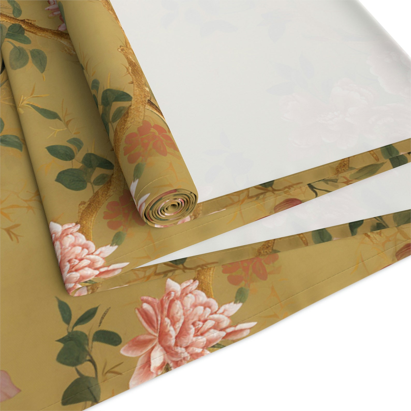 Gold Leaf Gilded Blue Bird Table Runner, Asian-inspired Bloom, 72"/90 ...