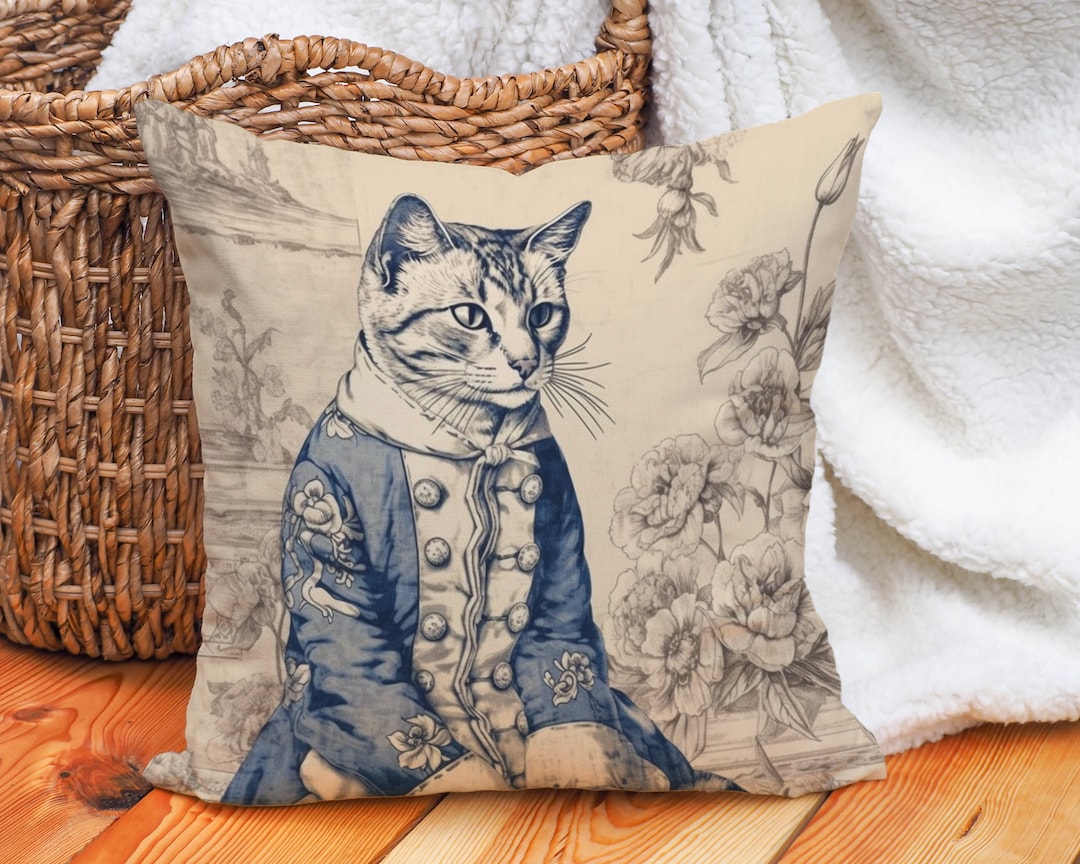 Charmant Chat Toile Cushion | Vintage Feline Elegance | Blue & Cream ...