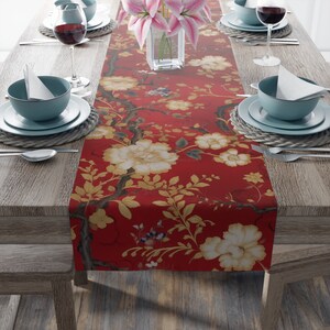 Crimson Asian Table Runner, Yellow and White Floral Design, Luxury ...
