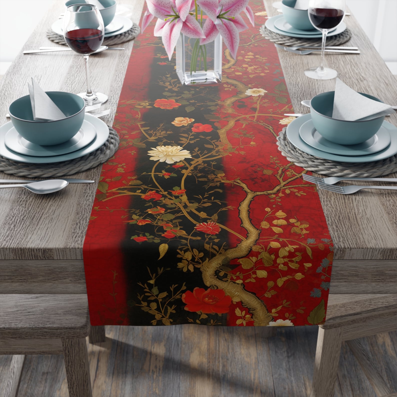 Captivating Asian-inspired Table Runner Red Black Golden Tree Floral ...