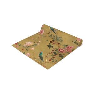 Gold Leaf Gilded Blue Bird Table Runner, Asian-inspired Bloom, 72"/90 ...