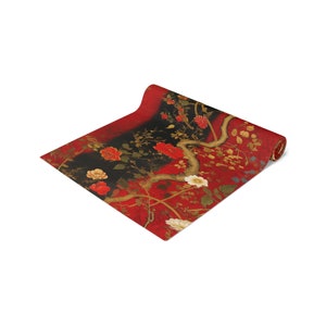 Captivating Asian-inspired Table Runner Red Black Golden Tree Floral ...