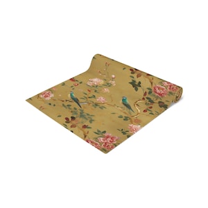 Gold Leaf Gilded Blue Bird Table Runner, Asian-inspired Bloom, 72"/90 ...