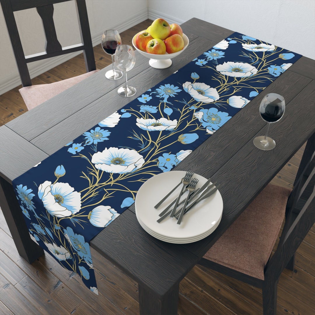 White Poppies Floral Table Runner, Sky Blue Backdrop, Elegant Home ...