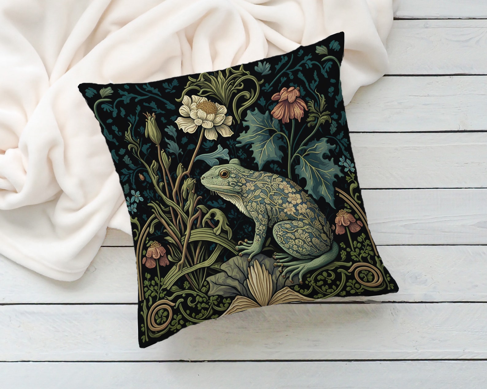William Morris Frog in a Forest Pillow Frog Pillow, Cottagecore, Floral ...