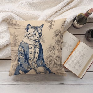 Charmant Chat Toile Cushion | Vintage Feline Elegance | Blue & Cream ...