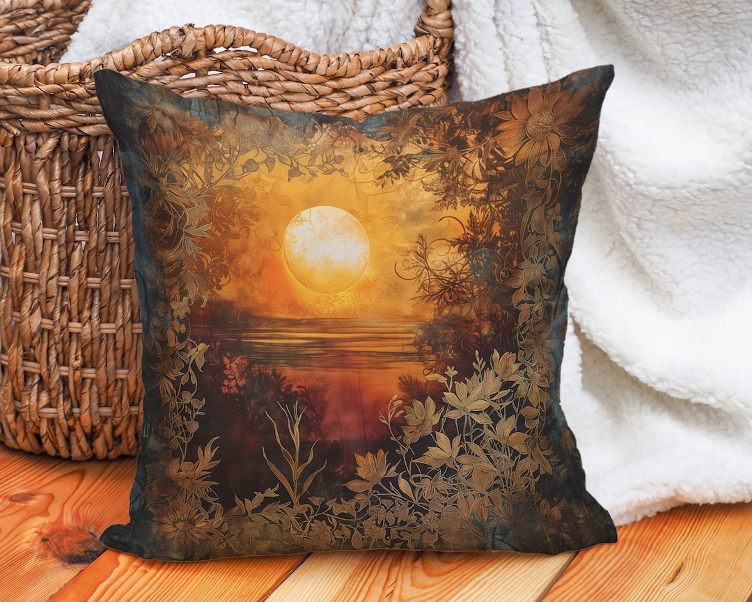 Amber Reflection Pillow Rustic Lakeside Sunset Vintage Floral Gold ...