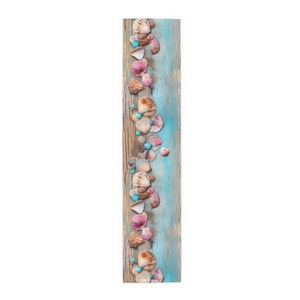 Beach Themed Table Runner, Blue, Pink, and Brown Seashells Design, Teal ...