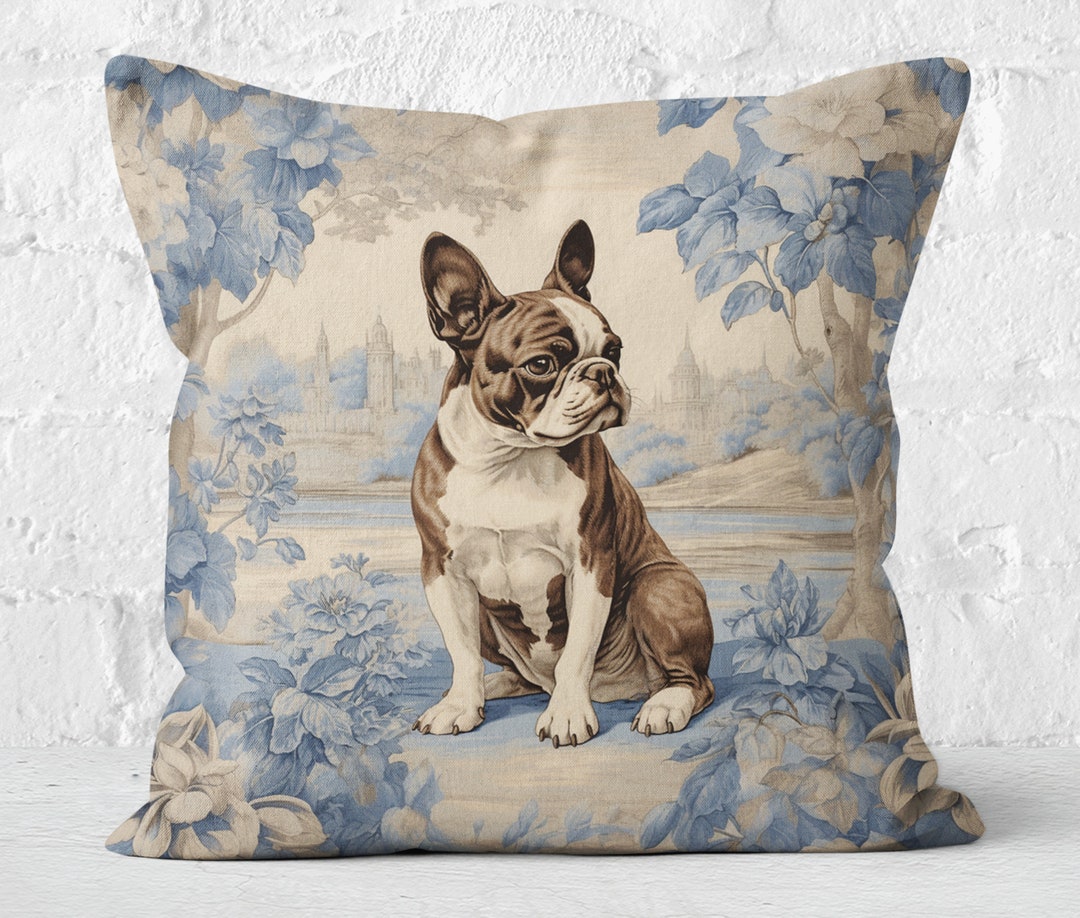 Boston Terrier Pillow Riverside Regency, Classic Blue Toile Historical ...