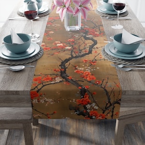 Designer Asian-inspired Table Runner, Golden Theme With Floral Tree ...