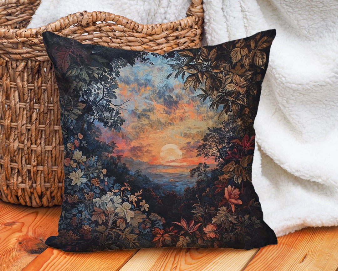 Tropical Twilight Pillow Coastal Sunset Dreamscape Vintage Floral Gold ...