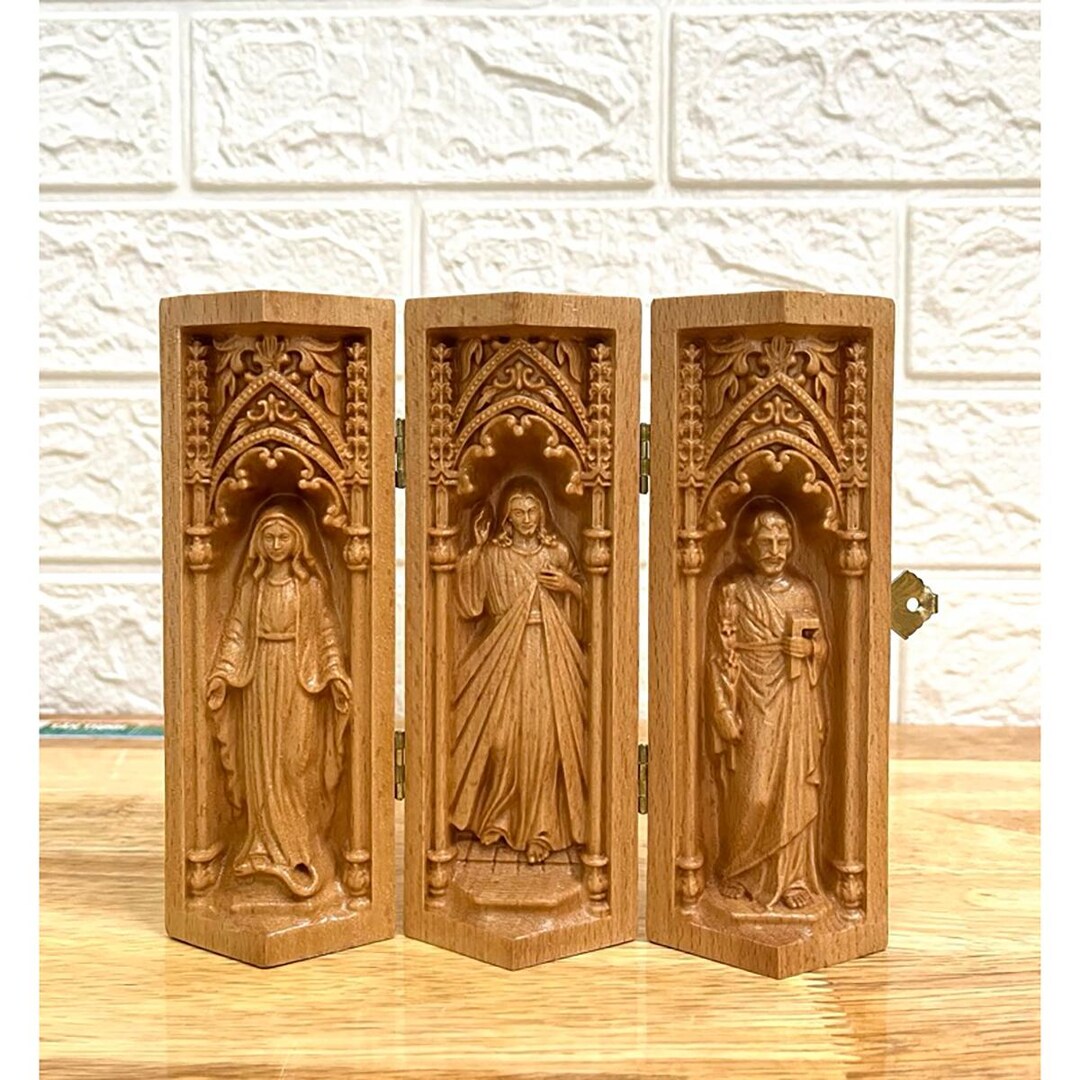 Wooden Catholic Triptych of Virgin Mary, Jesus Christ, and St. Joseph ...