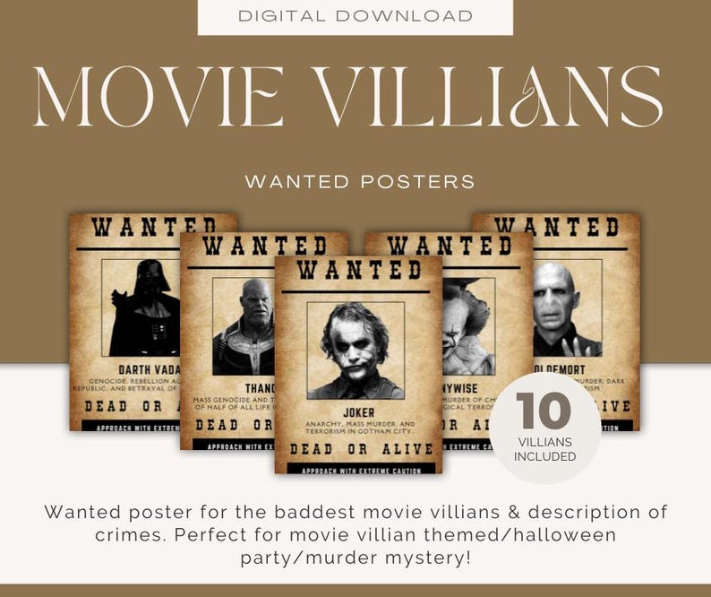 Movie Villian Wanted Posters - Heroes and Villians Party Decor Ideas ...