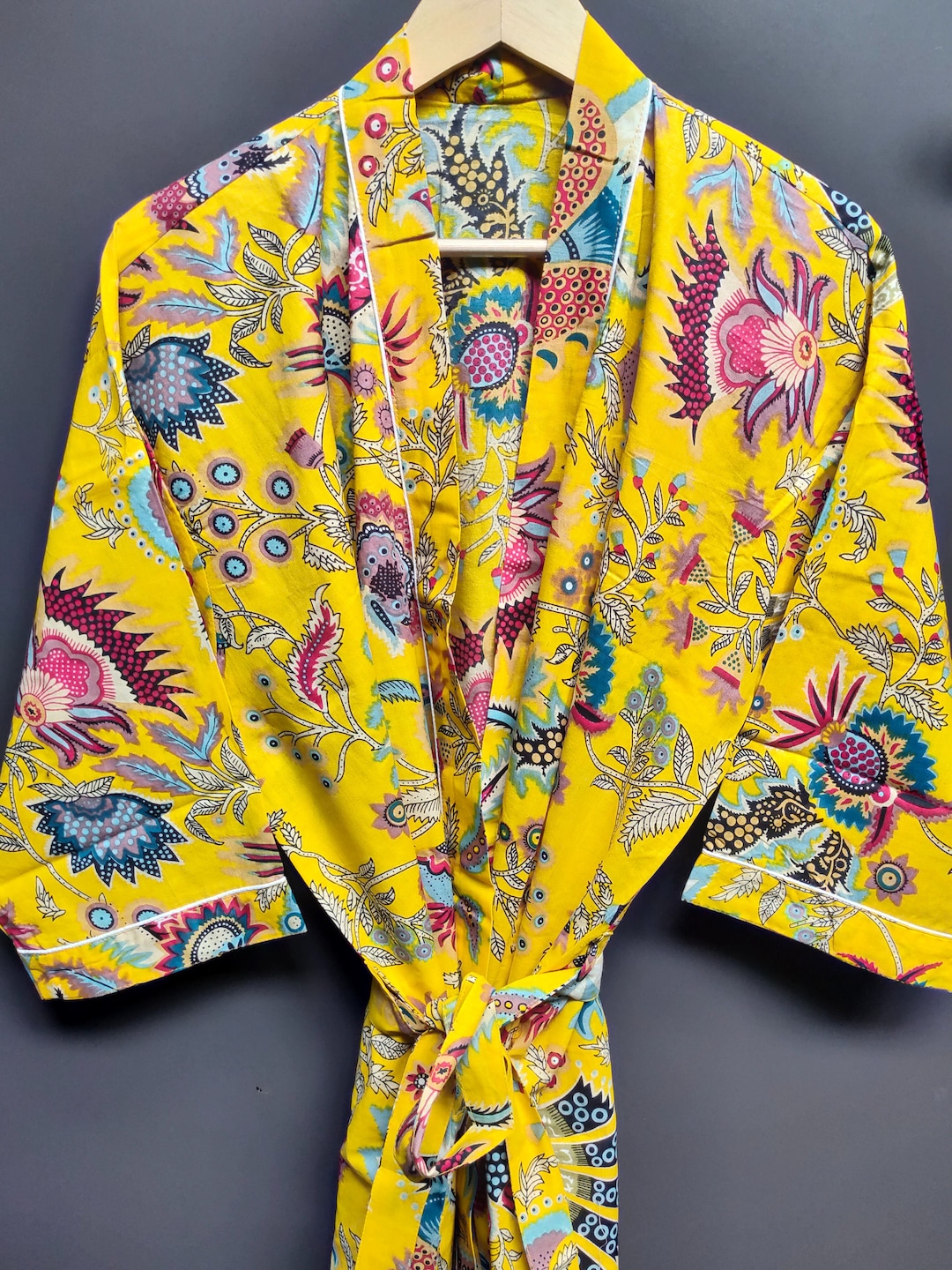 Kimono Floral Print Cotton Kimono Robe, Turkish Style Bathrobe Handmade ...