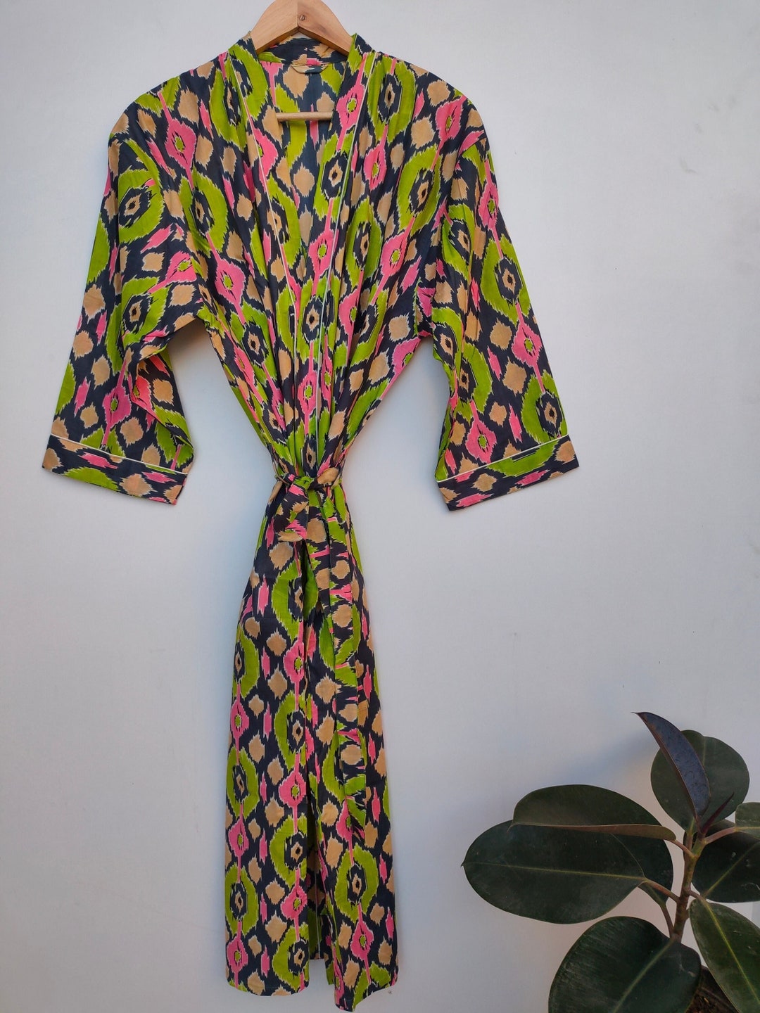 Indian Kimono ,green Color Ikat Print Kimono, Cotton Kimono Jacket ...