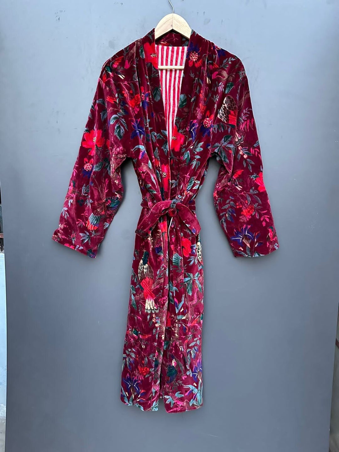 OFMD Bird Velvet Banyan Fabric Kimono Cotton Velvet Robe Long, Original ...