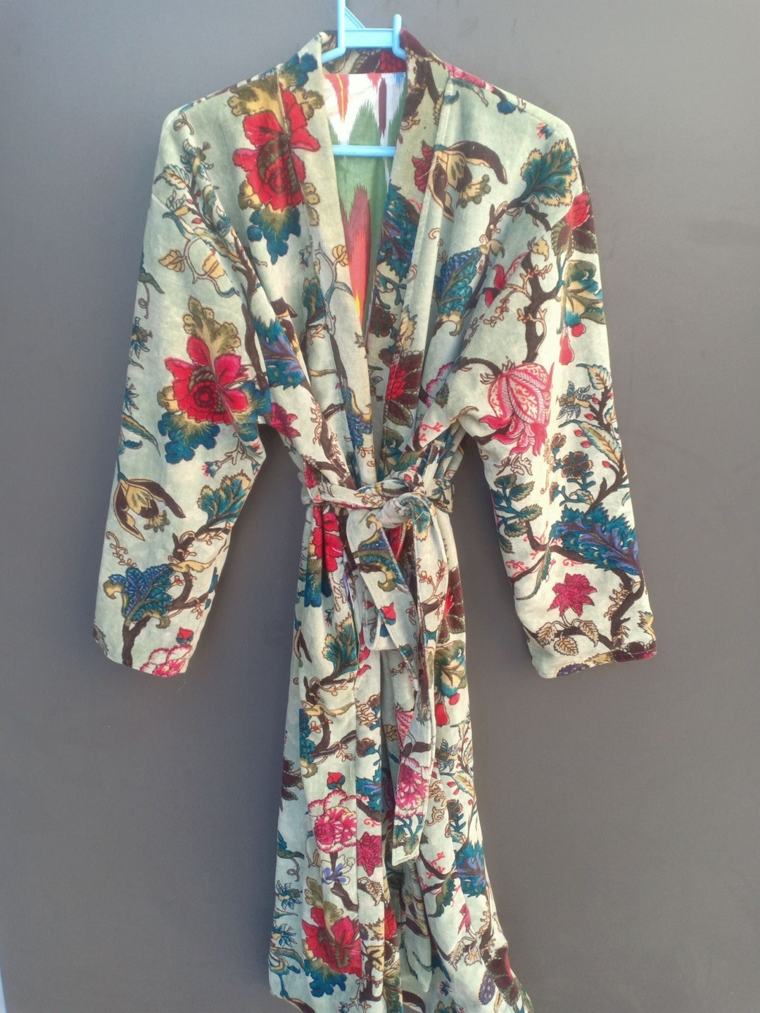 OFMD Bird Print Velvet Banyan Fabric Kimono Cotton Velvet Robe Long ...