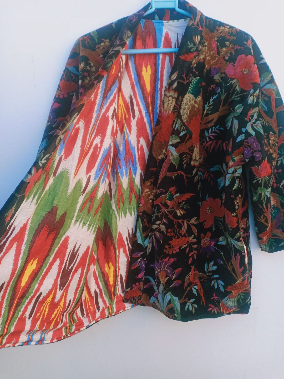 OFMD Bird Print Velvet Banyan Fabric Kimono Cotton Velvet Robe - Etsy