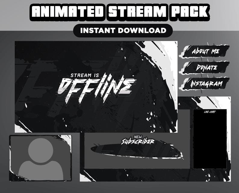 Animated Dark Stream Pack | Dark Twitch Overlay | Black Monochrome ...