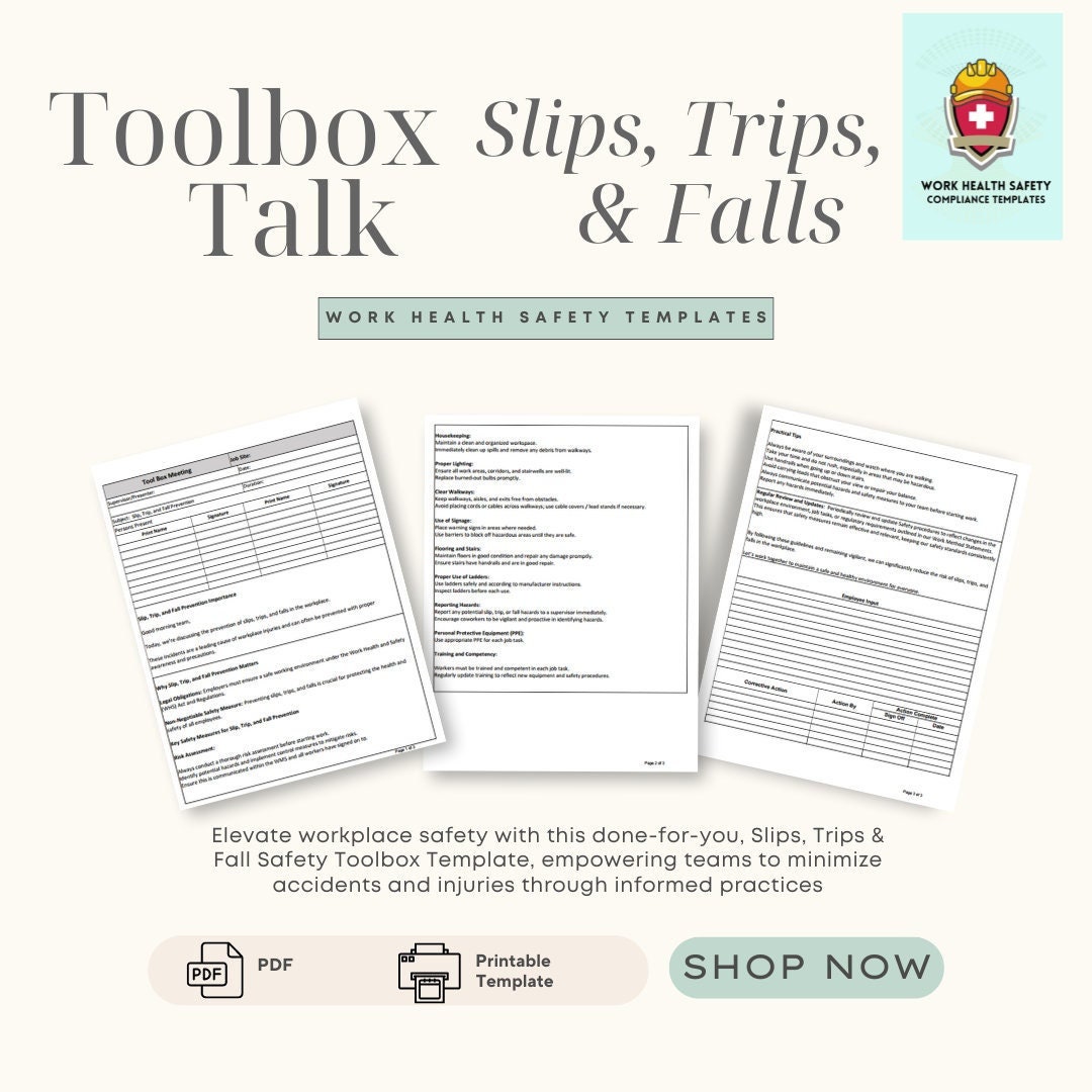 Slip Trips Fall Complete Digital Toolbox Talk Template | Construction | Workplace Safety ...