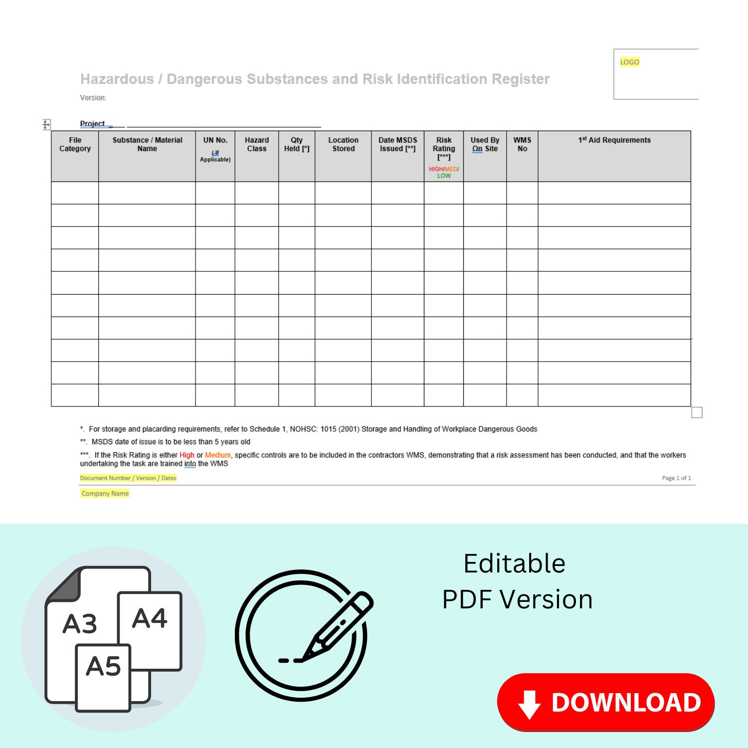 MSDS Register Template: Workplace Safety, Hazardous Material (PDF) - Etsy