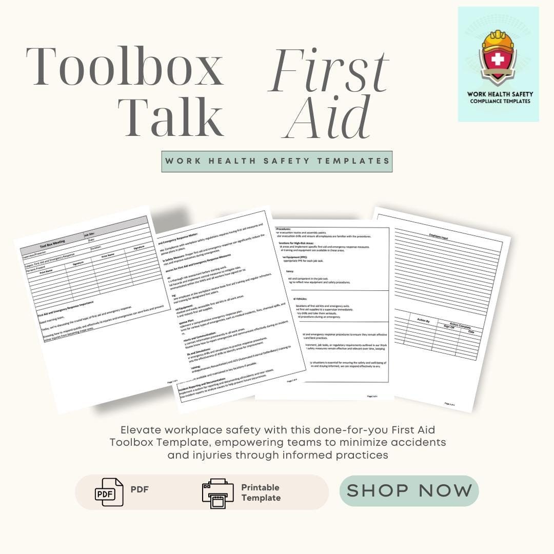 Toolbox Talk Template on First Aid | Safety | Workplace Compliance ...