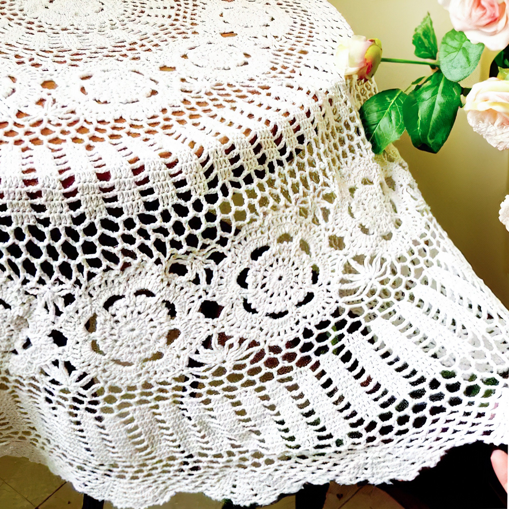 Beige Crochet Tablecloth, Farmhouse Style Round Knitted Hollow Lace Table Cover - Etsy