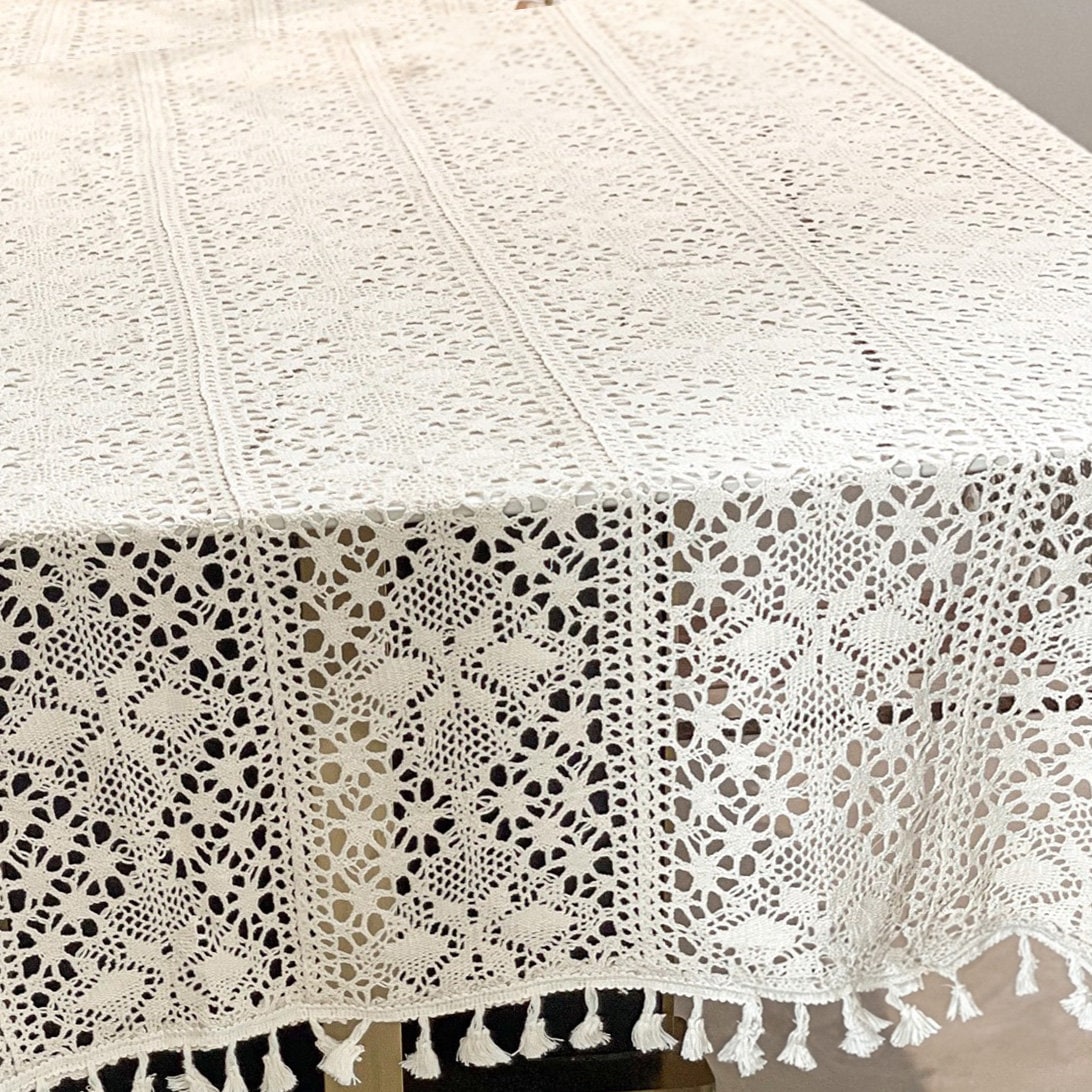 Beige Crochet Tablecloth ,rectangle Hollow Lace Table Cover With ...